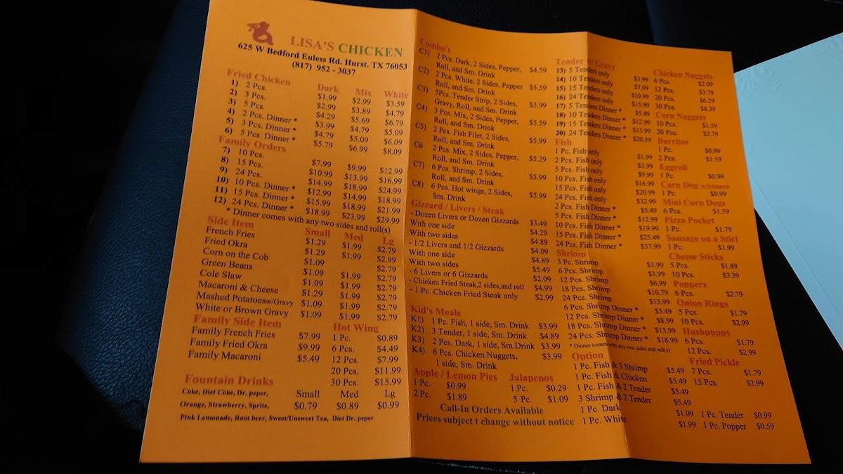 Menu at Lisa's Chicken #23 restaurant, Hurst, 625 W Bedford Euless Rd
