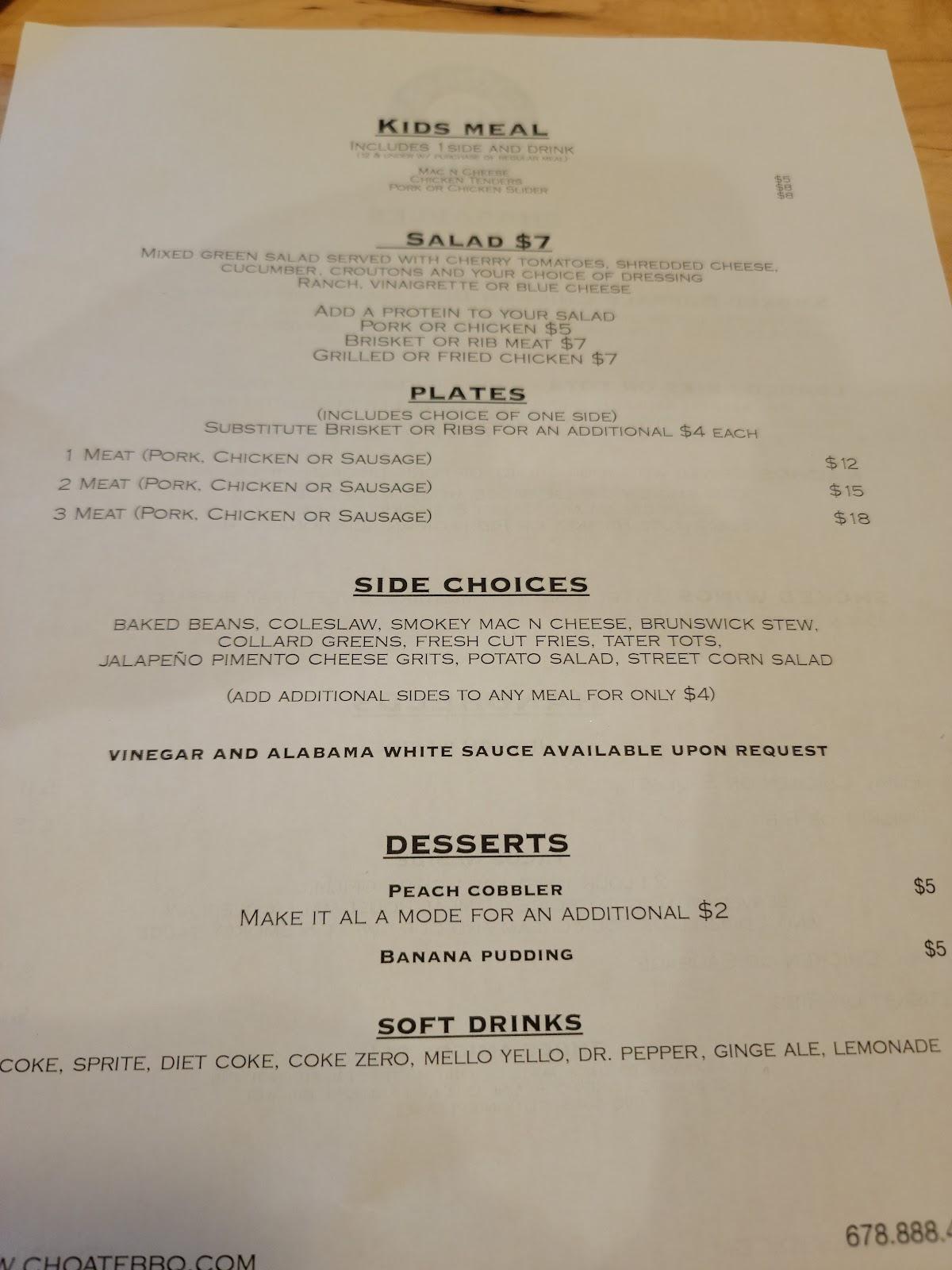 Menu at Choate BBQ, Ball Ground