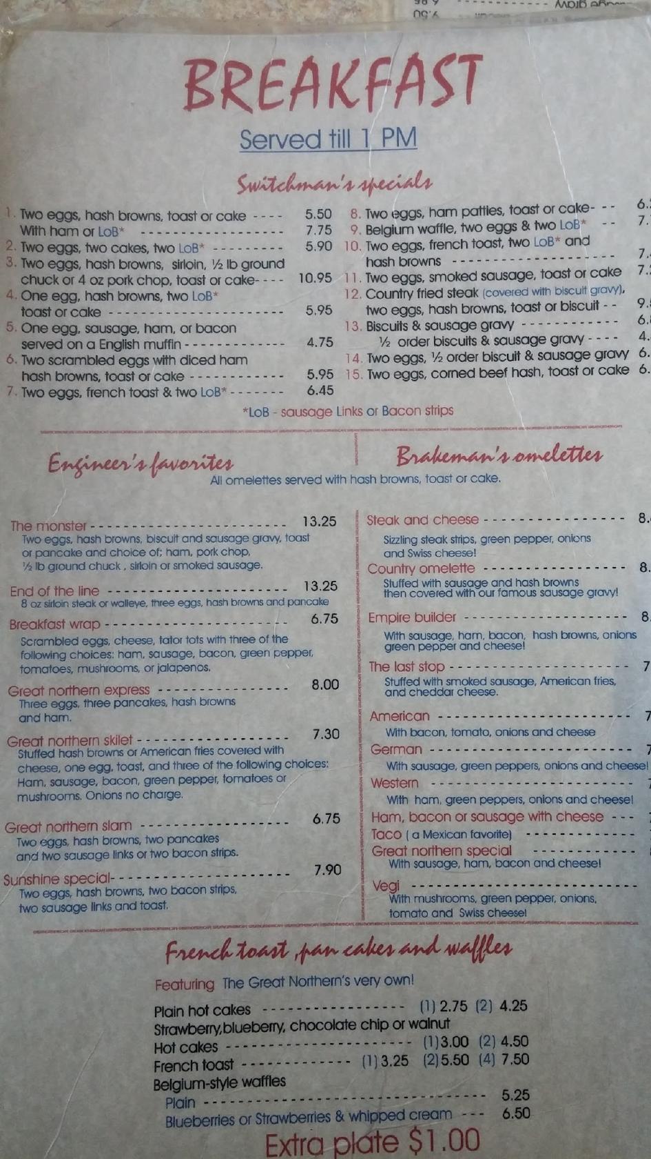 Menu at Great Northern Cafe, Park Rapids