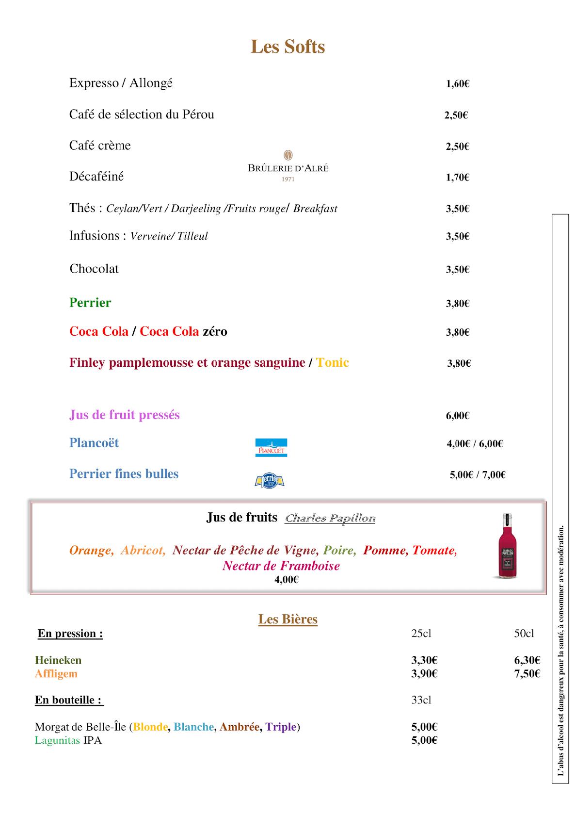 Menu at Hôtel Restaurant Corto Maltese, Le Palais