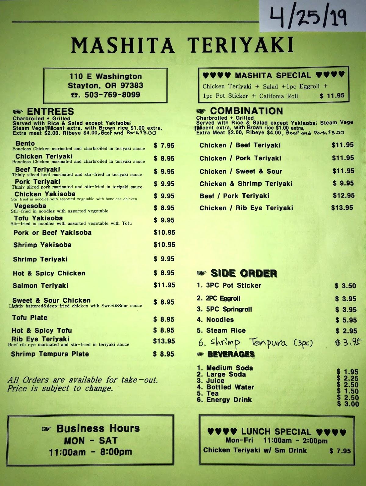 Menu at Mashita Teriyaki Restaurant, Stayton
