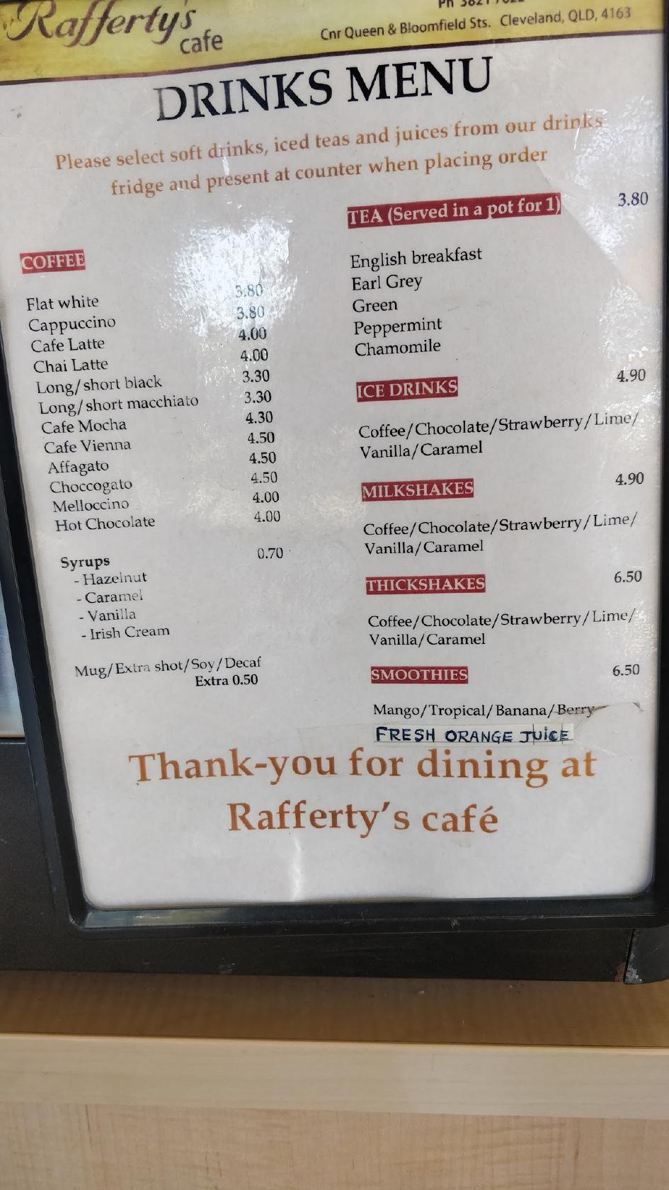 Menu at Raffertys Cafe, Cleveland, Cnr Bloomfield St and