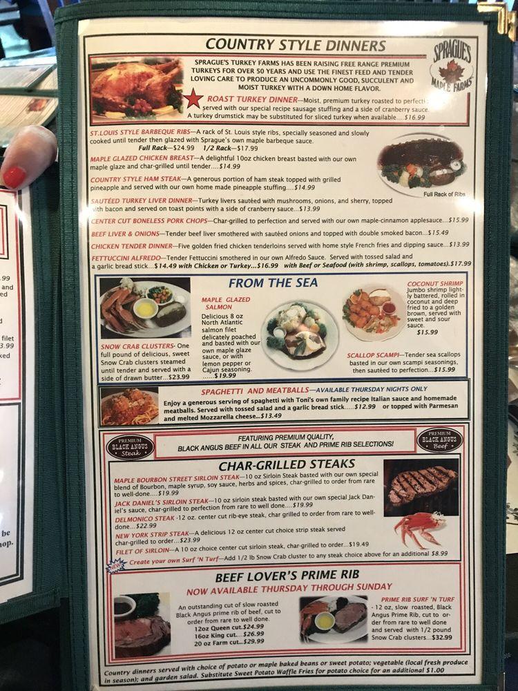 Menu at Sprague's Maple Farms restaurant, Portville