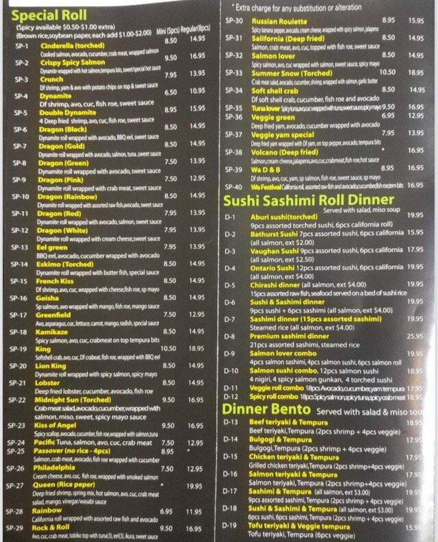 Menu at Sushi Wa restaurant, Vaughan