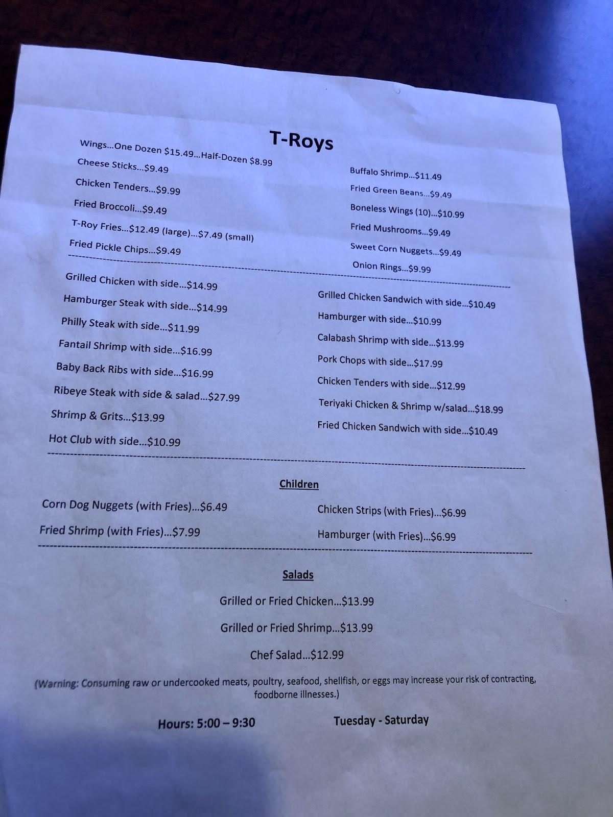 Menu at T-Roy's Restaurant, Marion