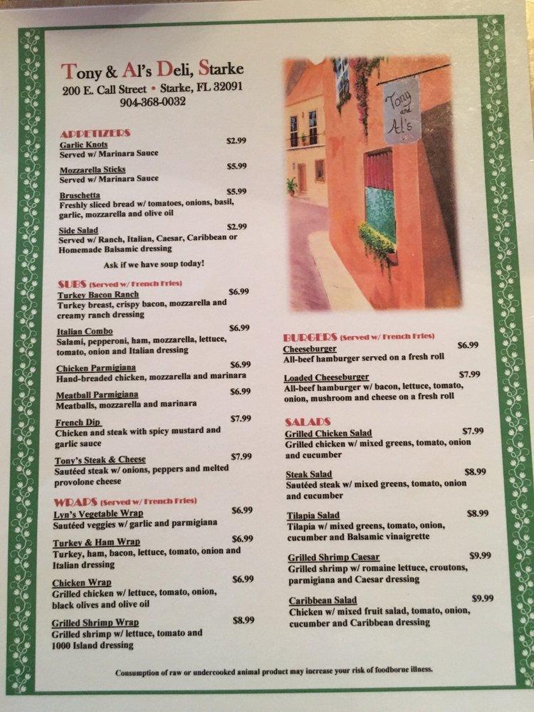 Menu at Tony and Al's Deli pizzeria, Starke
