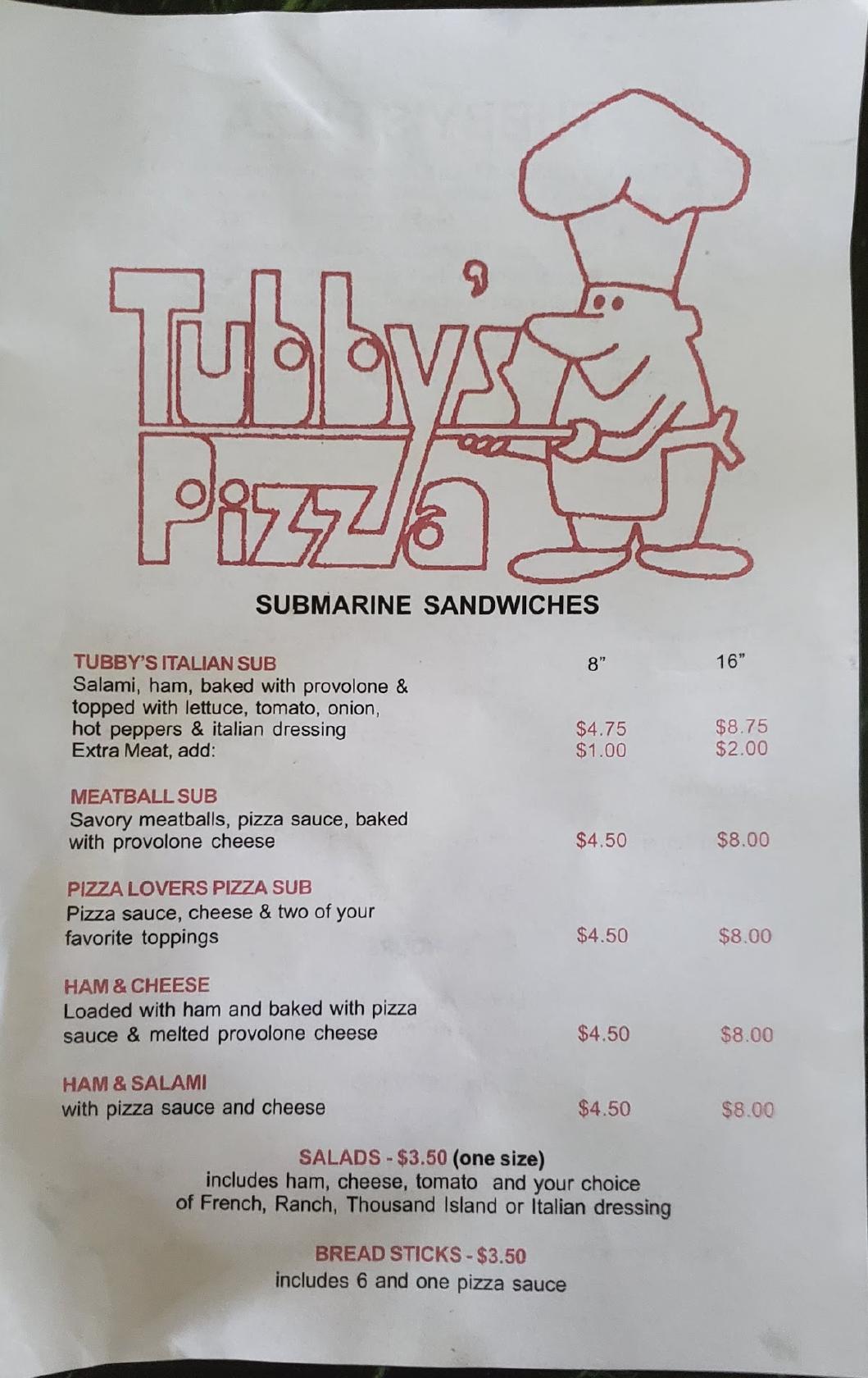 Menu at Tubby's Pizza pizzeria, Marion