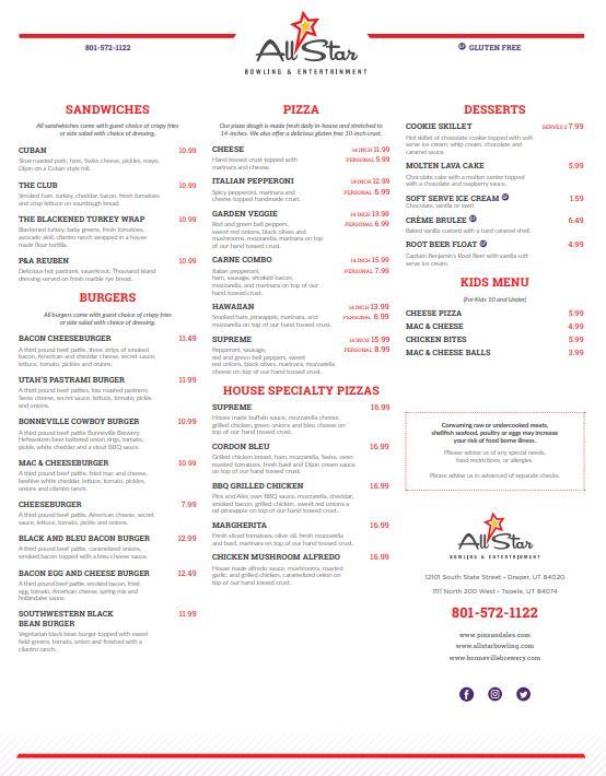 Menu at All Star Bowling & Entertainment - Sandy pub & bar, Sandy