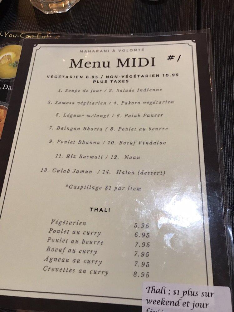 Menu at Buffet Maharani restaurant, Montréal, 808 Rue Jean-Talon O
