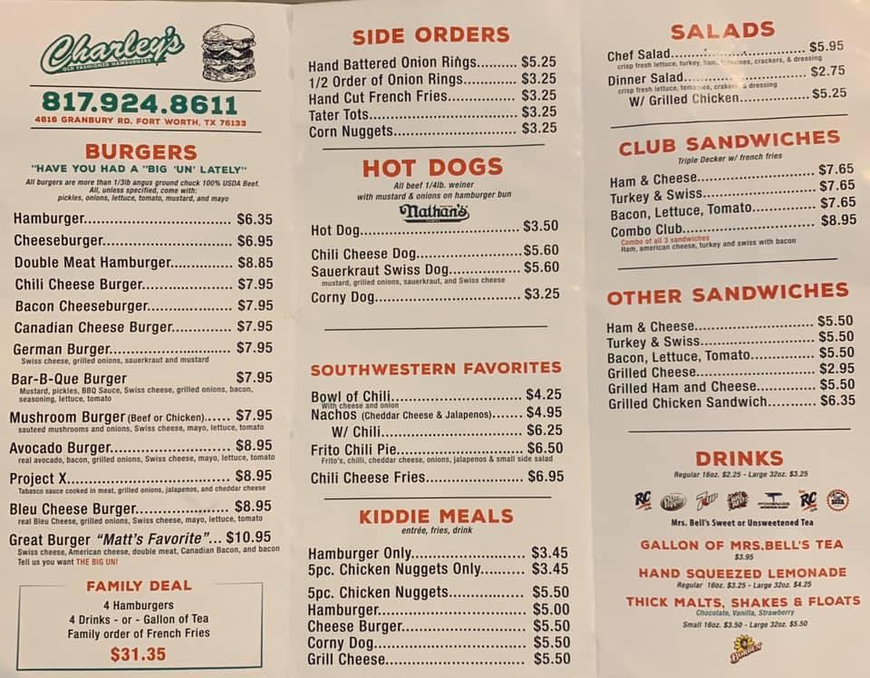 Menu at Charley's Old Fashioned Hamburgers restaurant, Fort Worth ...