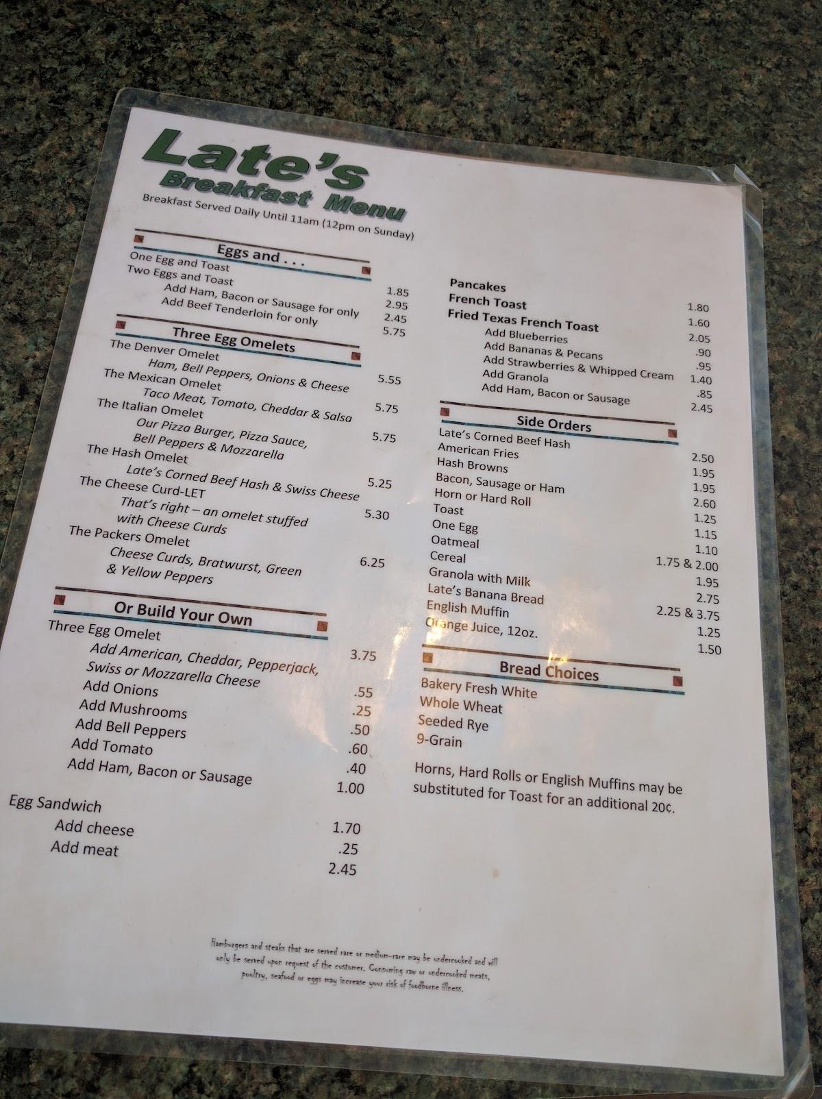 Menu at Late's restaurant, Manitowoc