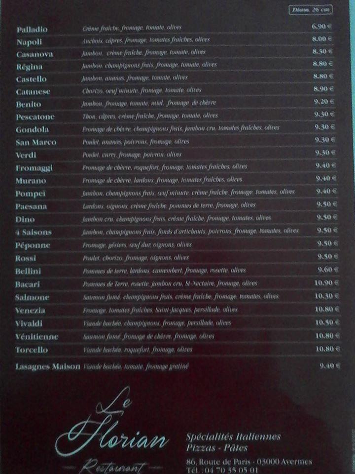 Menu au Le Florian restaurant, Avermes
