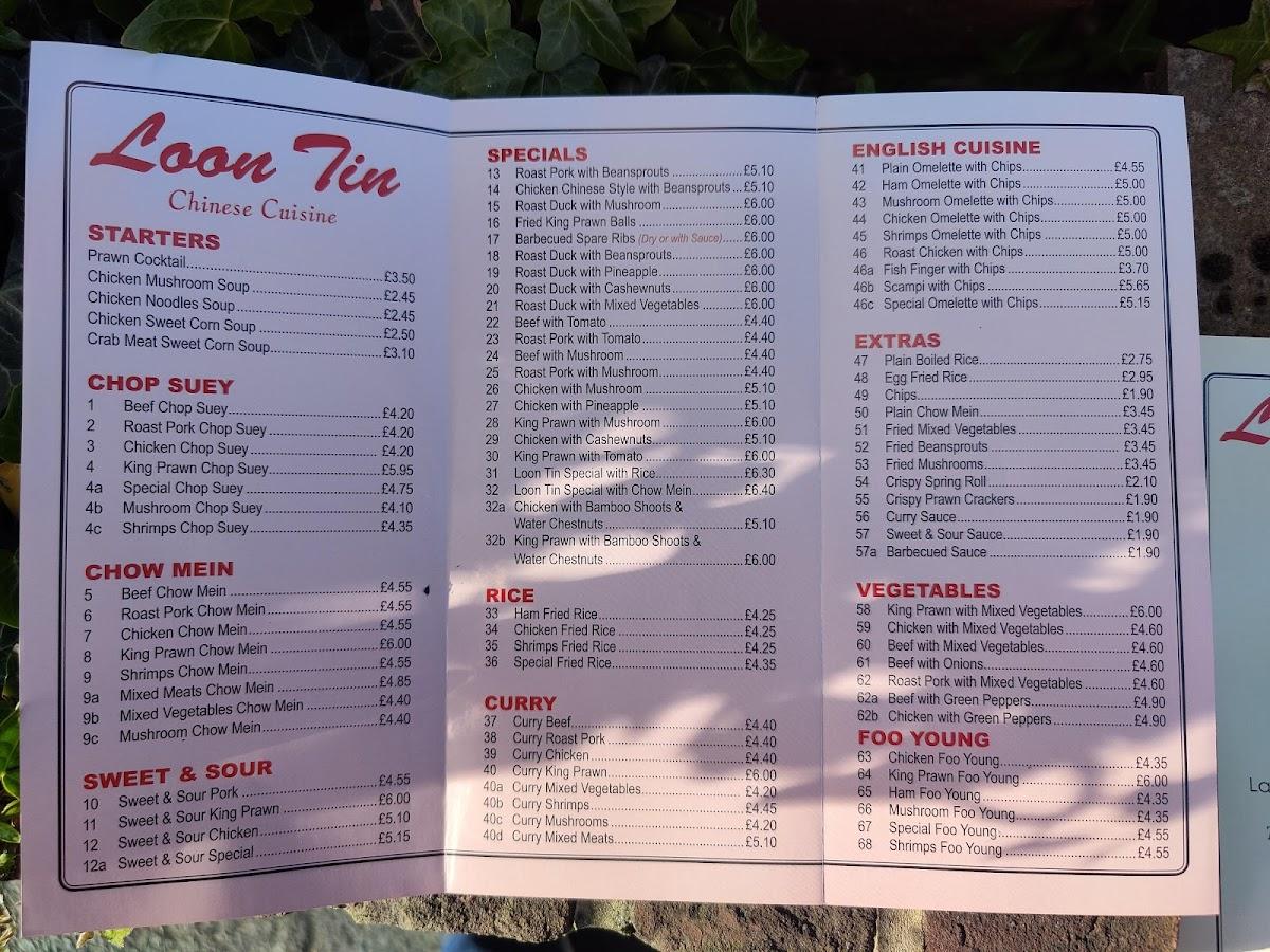 Menu at Loon Tin fast food, Slough