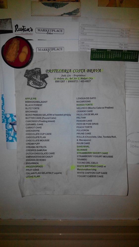 Menu at Pasteleria Costa Brava desserts, Makati