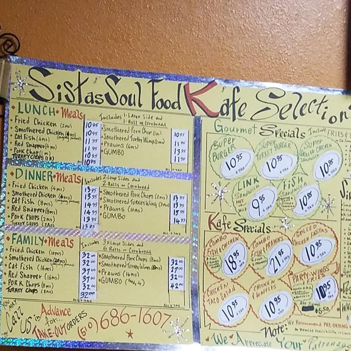 Menu at Sistas Soul Food Kafe restaurant, San Leandro