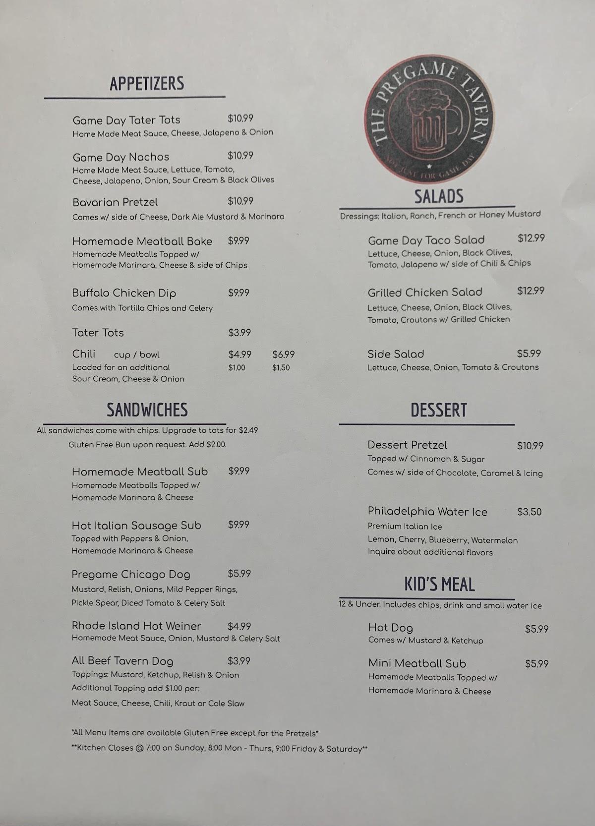 Menu at The PreGame Tavern pub & bar, Barberton