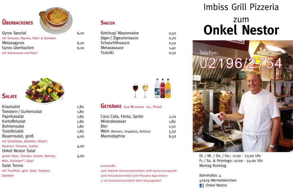 Speisekarte von Zum Onkel Nestor restaurant, Wermelskirchen
