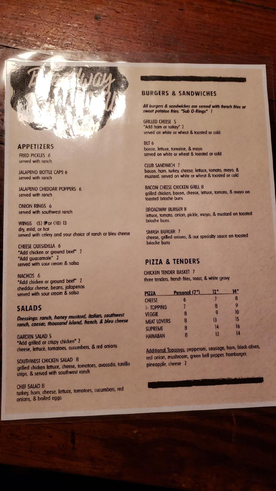 Menu at Broadway Bar, Nordheim