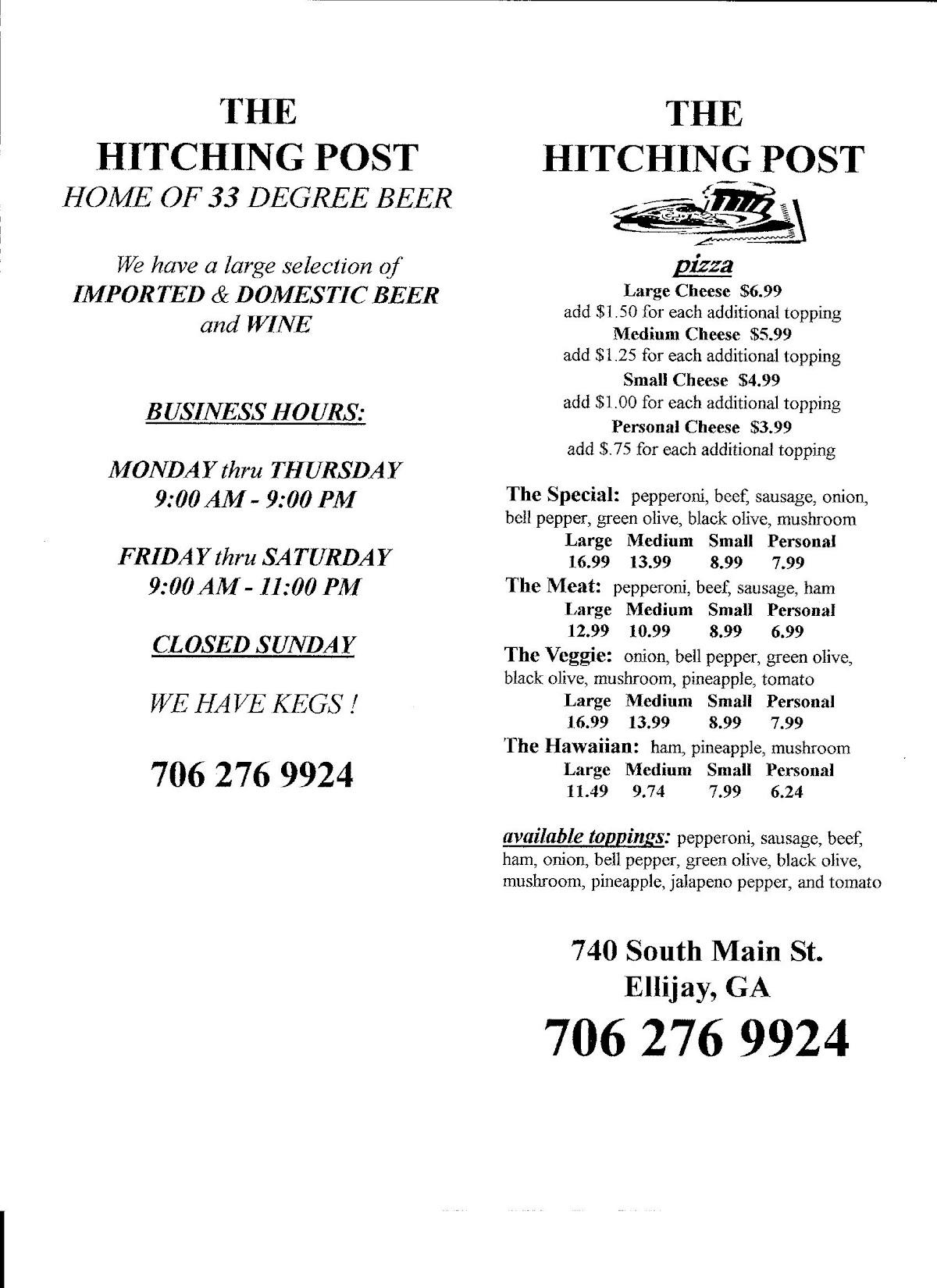 Menu at Hitching Post Package Store pizzeria, Ellijay