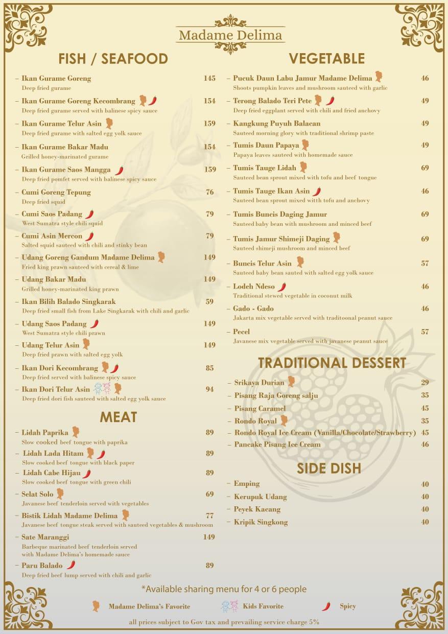 Menu at Madame Delima restaurant, Jakarta