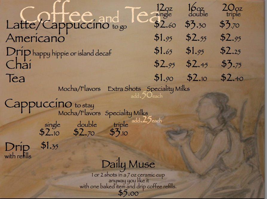 Menu at The Muse cafe, Loveland