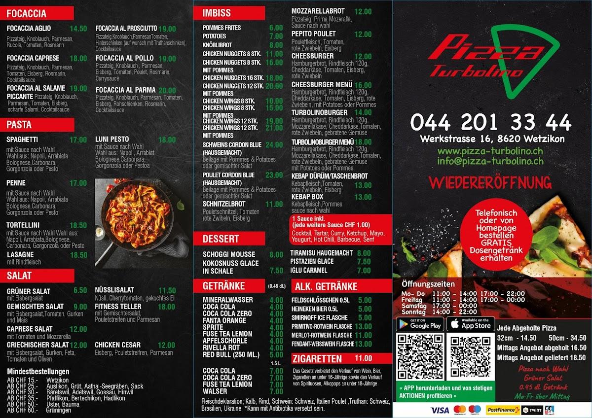 Menu at Pizza Turbolino GmbH, Wetzikon