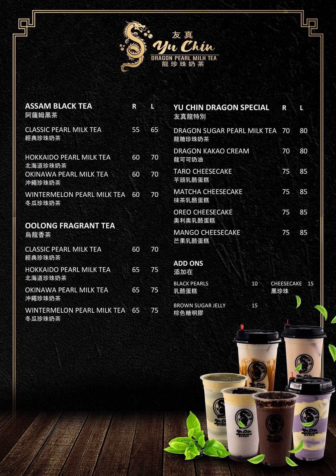 Menu at Yu Chin Dragon Pearl Milk Tea restaurant, Bacolod, PX3C+82Q