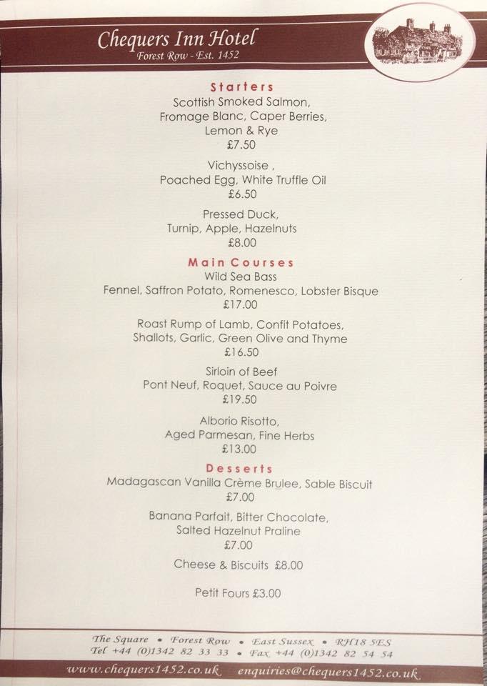 Menu at Chequers Inn Hotel pub & bar, Forest Row