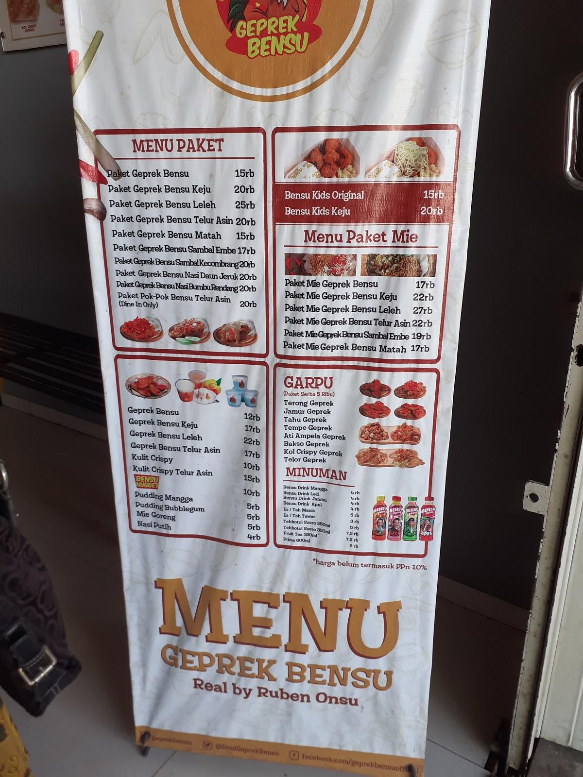 Menu at Geprek Bensu Kupang Jaya restaurant, Surabaya