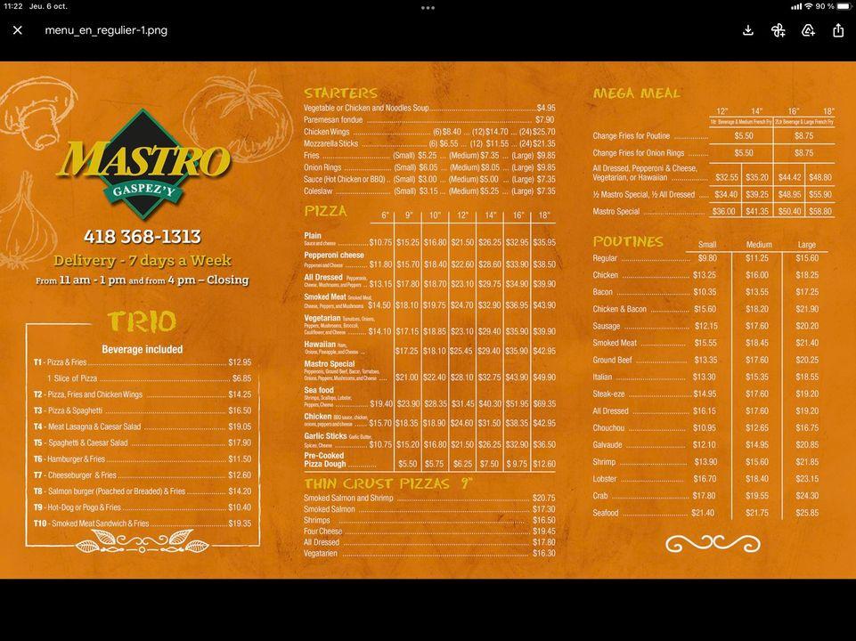 Menu at Mastro Pizzeria, Gaspé