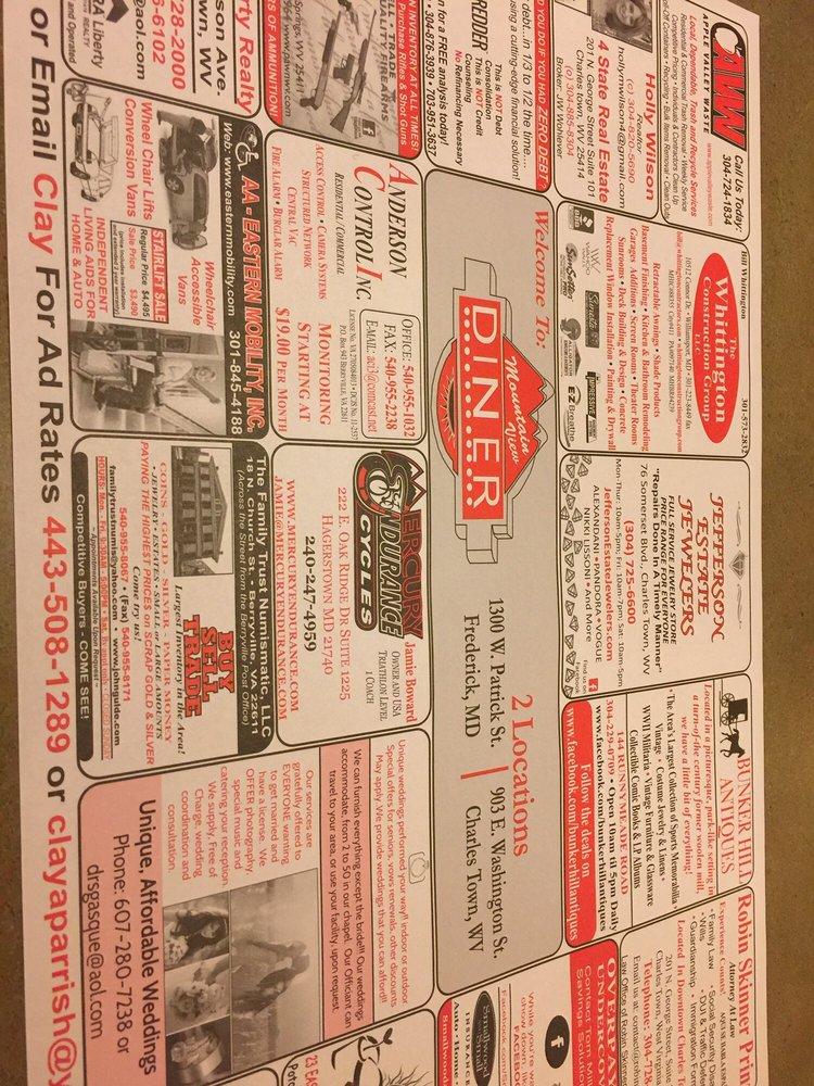 Menu at Mountain View Diner restaurant, Charles Town