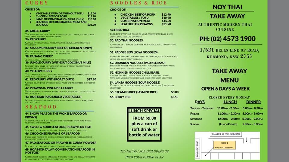 Menu at Noy Thai Take Away restaurant, Kurmond