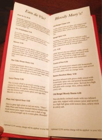 Menu at Old Bengal Bar, London