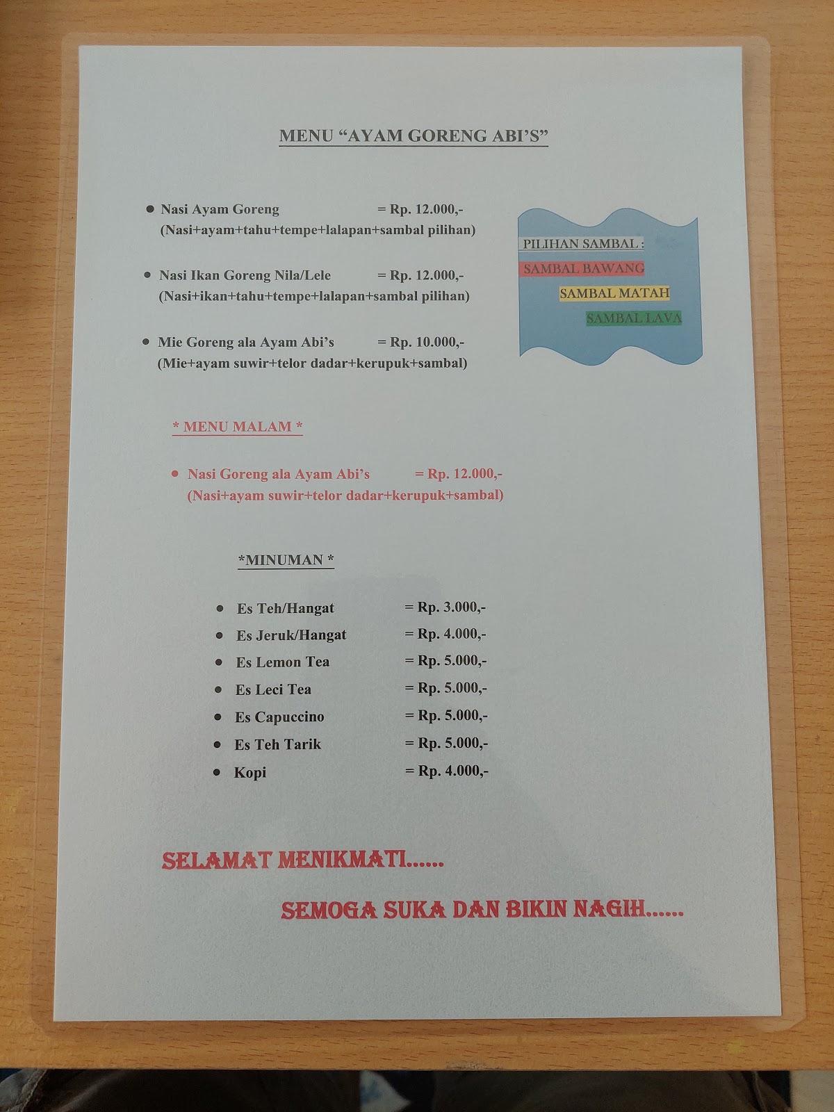 Menu at Rumah Makan Ayam Goreng Abi's restaurant, Timbangan