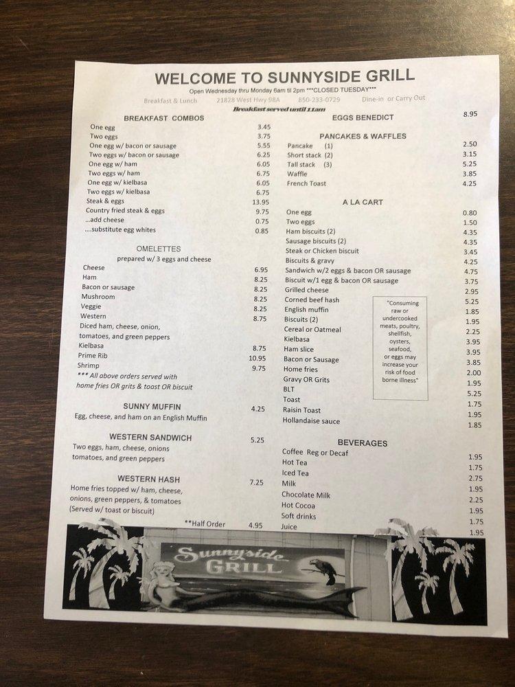 Menu at Sunnyside Grill restaurant, Panama City Beach