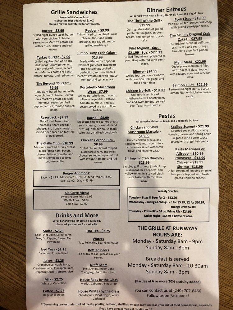 Carta del restaurante The Grille at Runways, Hagerstown, Henson Blvd