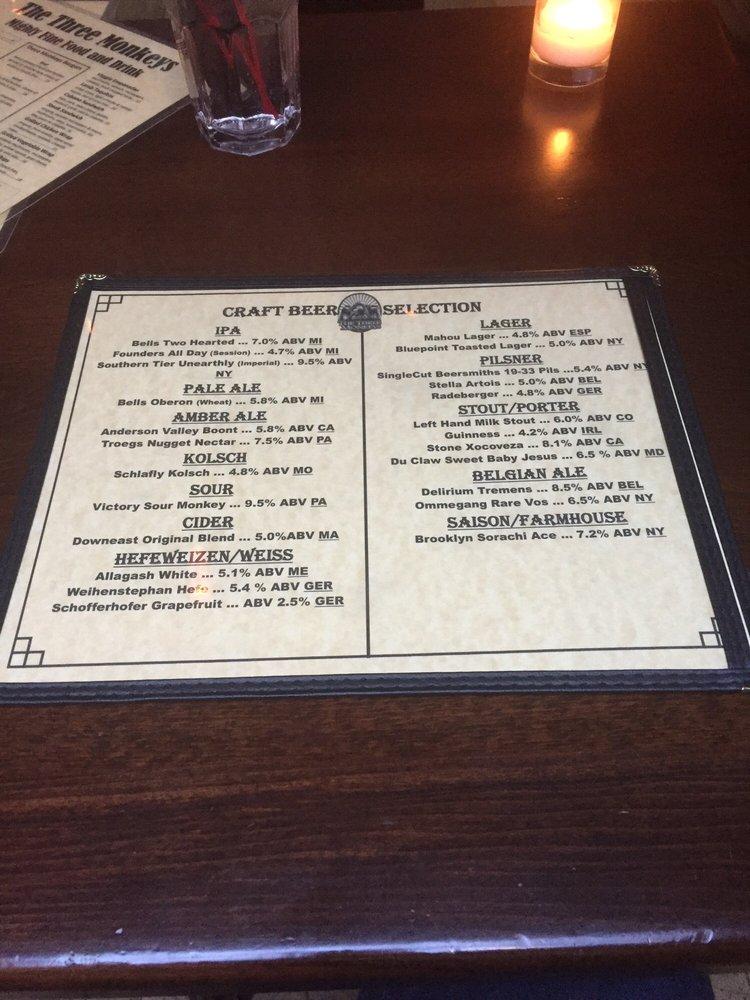 Menu at The Three Monkeys pub & bar, West New York