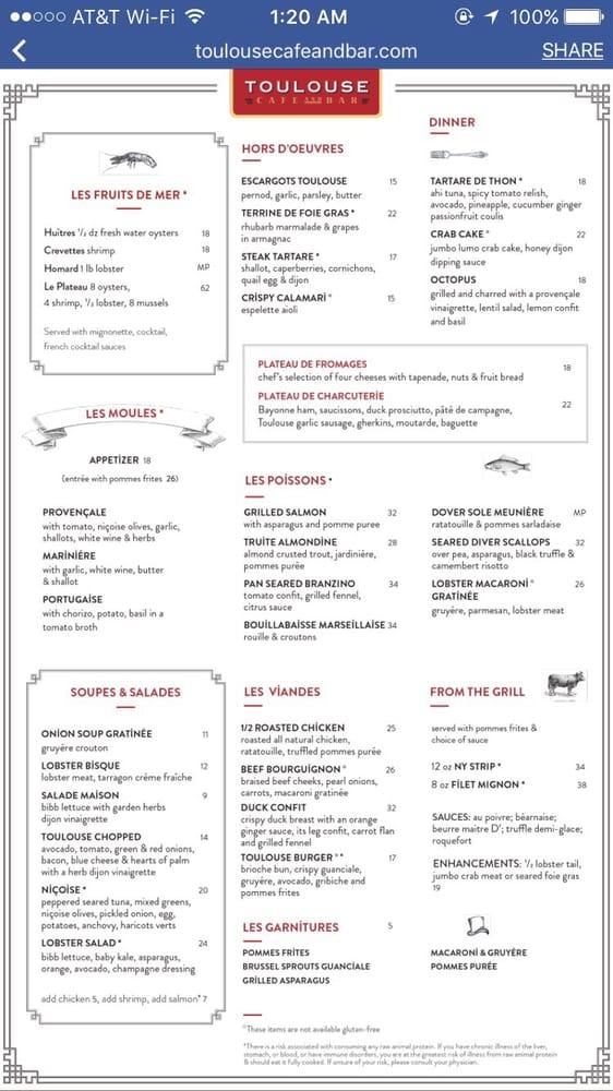 Menu at Toulouse restaurant, Houston, Westheimer Rd Ste E 100