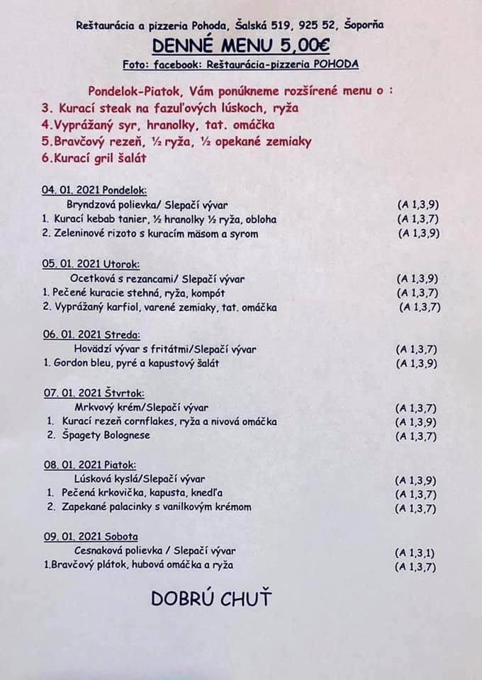 Menu at Reštaurácia a pizzéria POHODA restaurant, Šoporňa