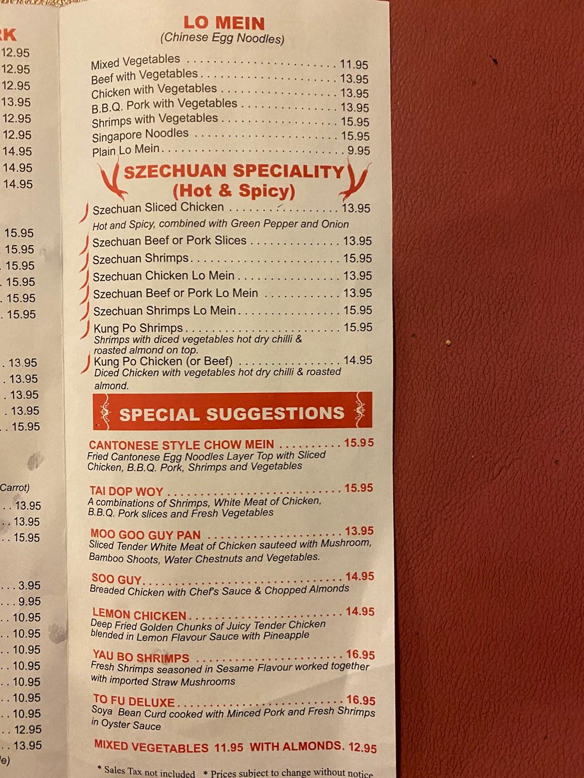 Menu at Tang's Restaurant, Arthur