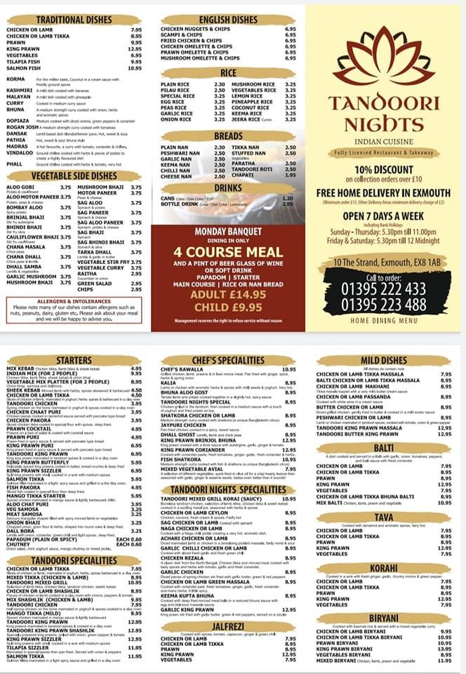Menu at Tandoori Nights restaurant, Exmouth, 10 Strand