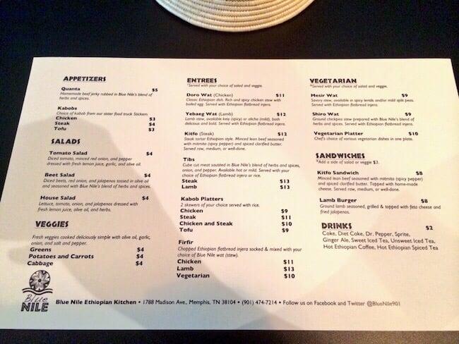 Menu at Blue Nile restaurant, Memphis
