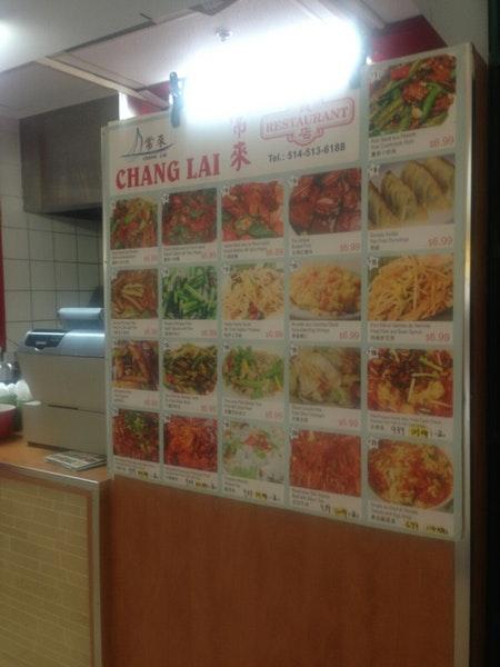 Menu at Chang Lai restaurant, Montreal