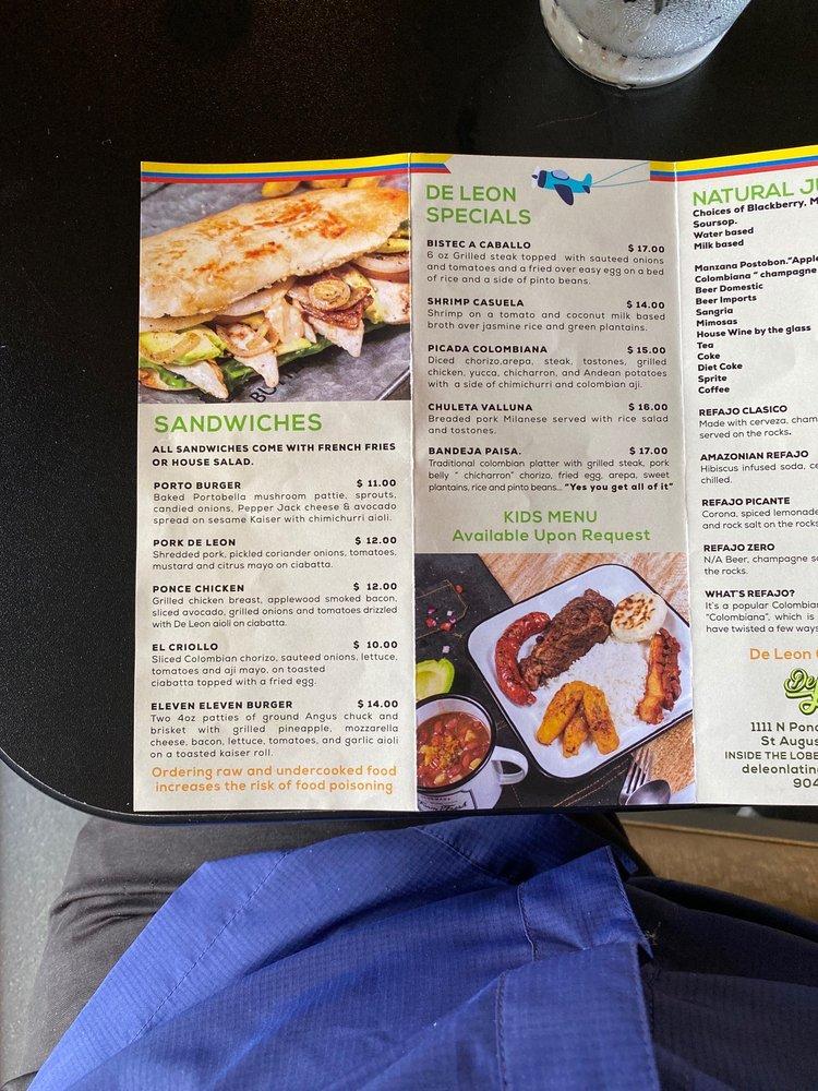 Menu at De Leon Latin Cocina restaurant, St. Augustine