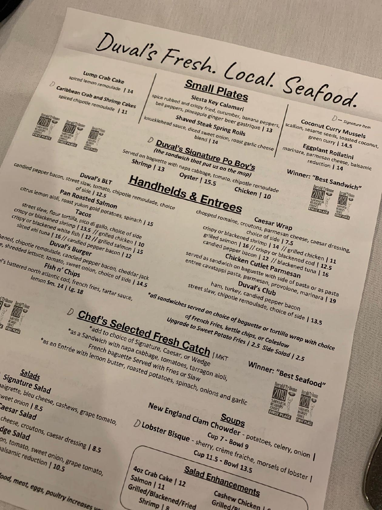 Menu at Duval's Fresh. Local. Seafood. pub & bar, Sarasota