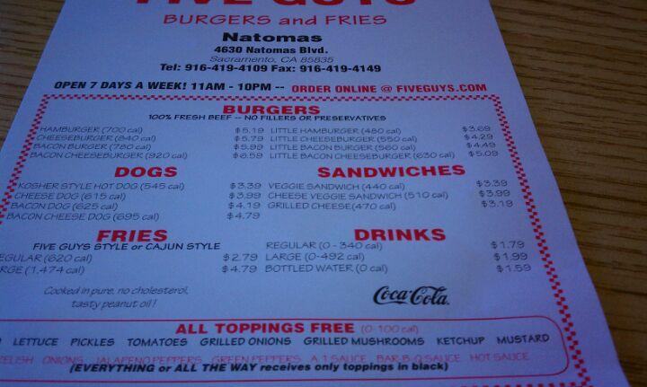 Menu at Five Guys fast food, Sacramento, Natomas Blvd Suite 100