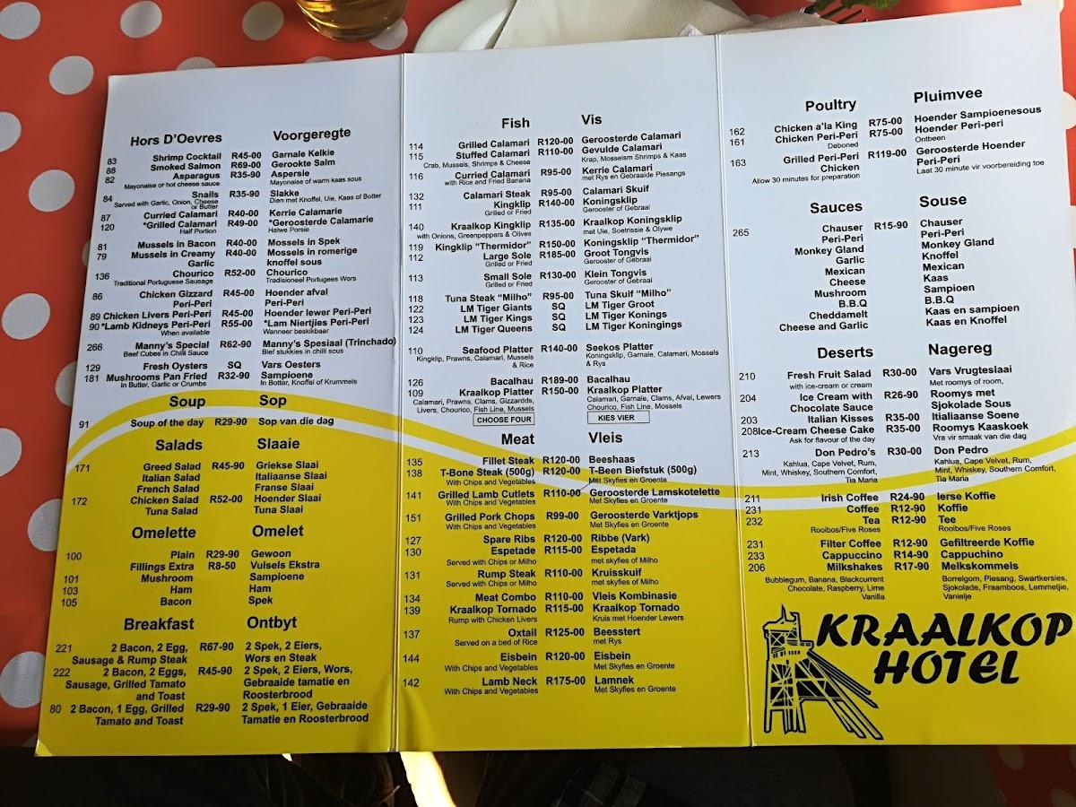 Menu at Kraalkop Hotel restaurant, Fochville
