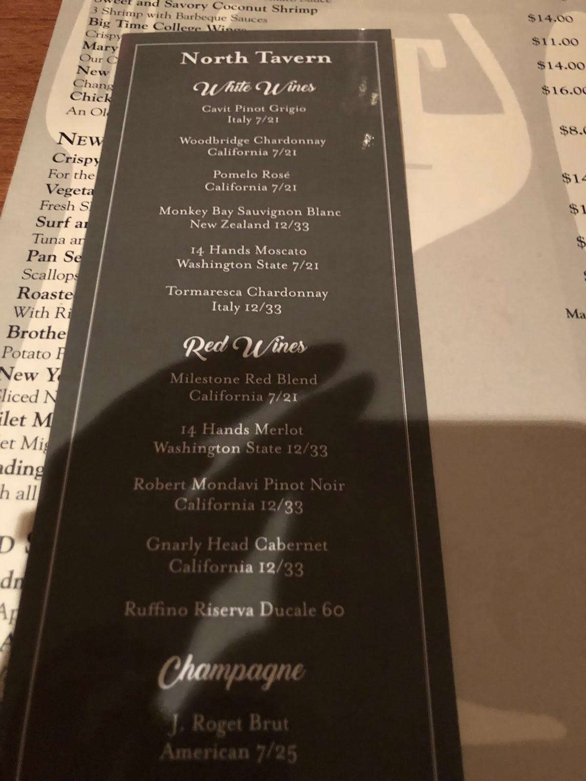 Menu at North Tavern restaurant, Wading River
