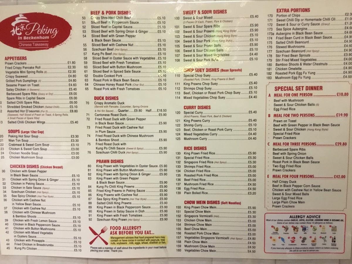 Menu at Peking Chinese Takeaway fast food, Beckenham
