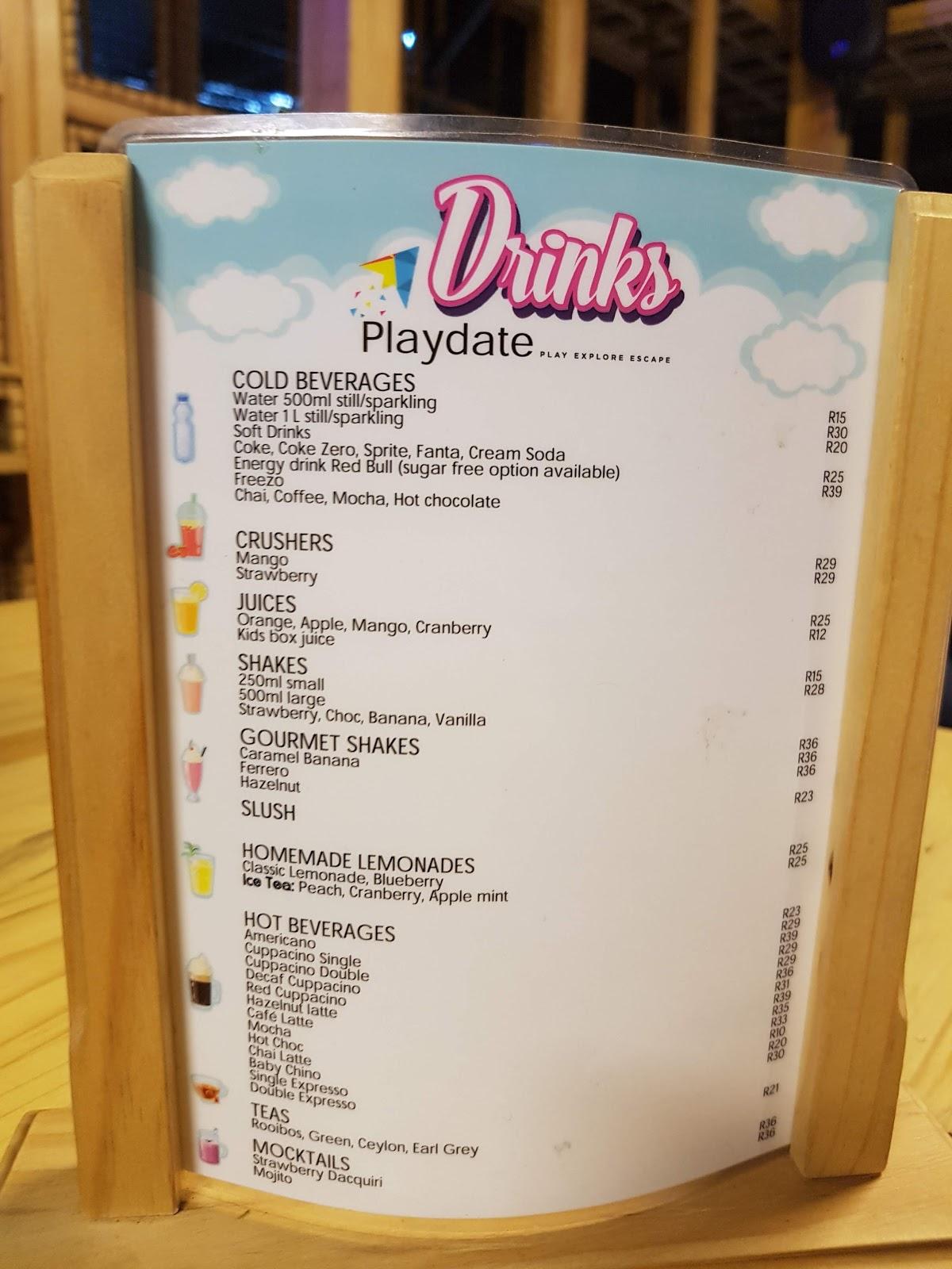 Menu au PlayDate SuperPark café, Le Cap